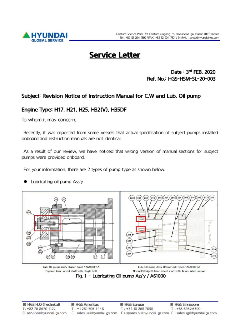 HGS-HSM-SL-20-003 - Revision Notice of Instruction Manual For C.W and Lub. Oil Pump | PDF