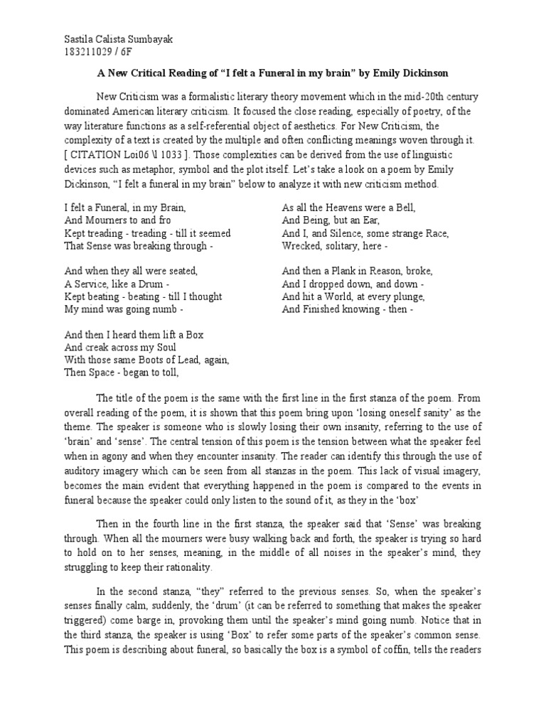 Emily Dickinson I Felt A Funeral in My Brain Analysis | PDF | Poetry ...