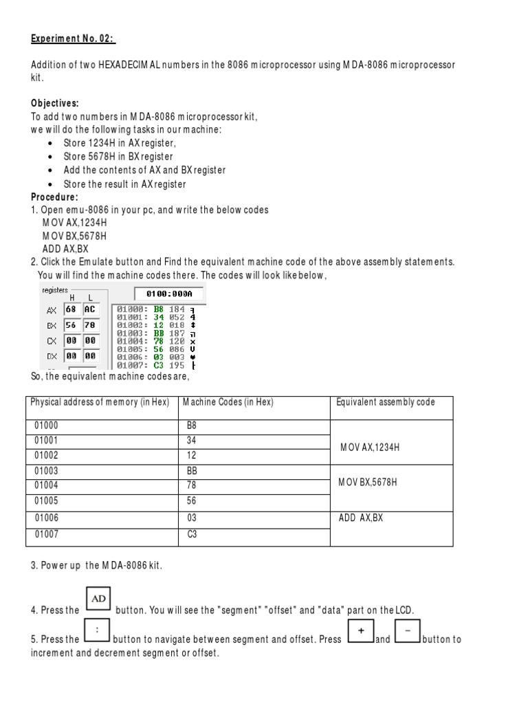 Exp 2 Addition Of Two Hexadecimal Numbers Pdf Assembly Language Computer Architecture