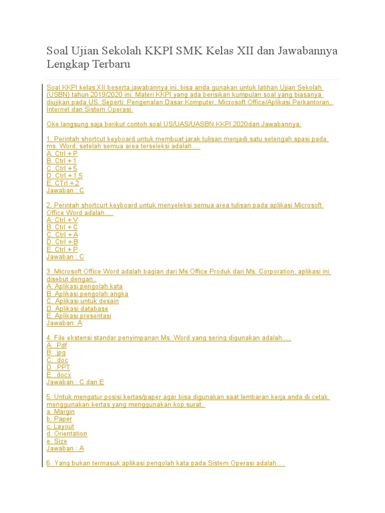 Soal Ujian Sekolah KKPI SMK Kelas XII Dan Jawabannya Lengkap Terbaru | PDF