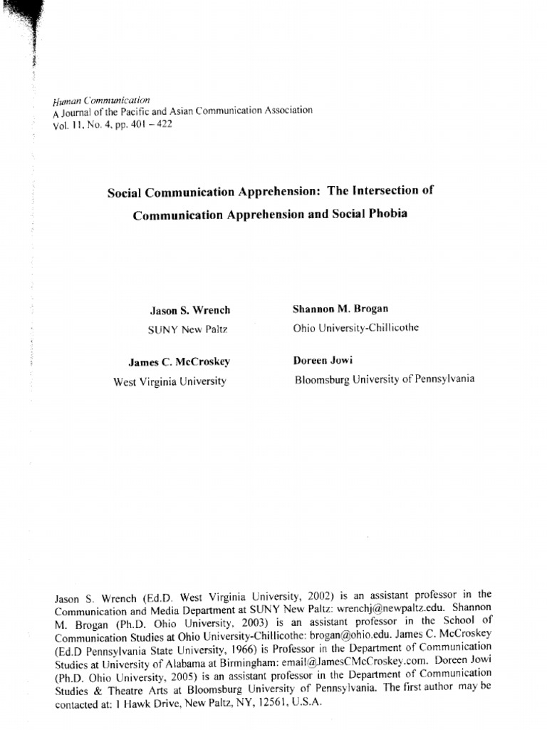 Communication Apprehension James McCroskey | PDF