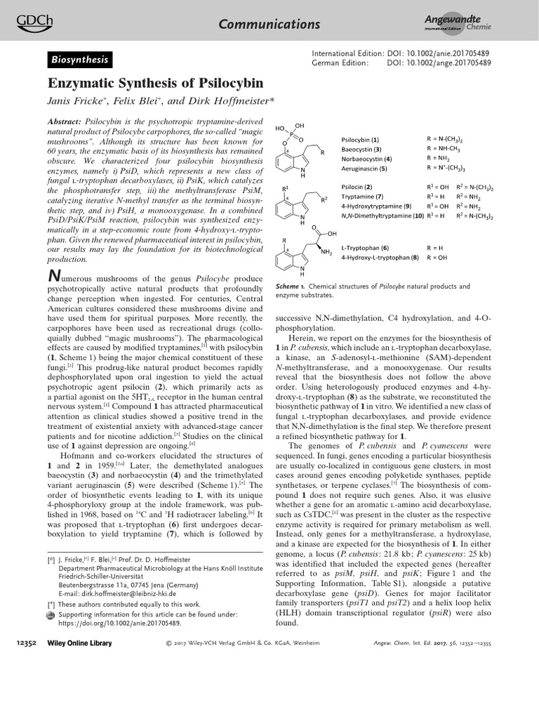 Enzymatic Synthesis of Psilocybin | PDF | Psilocybin | Biosynthesis