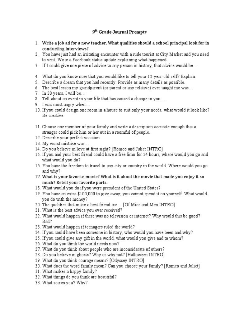 9th Grade Journal Writing Prompts | PDF