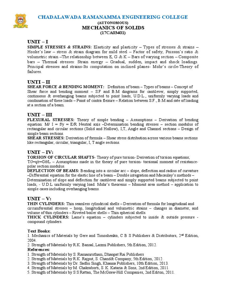 Mechanics of Solids Unit - I: Chadalawada Ramanamma Engineering College ...