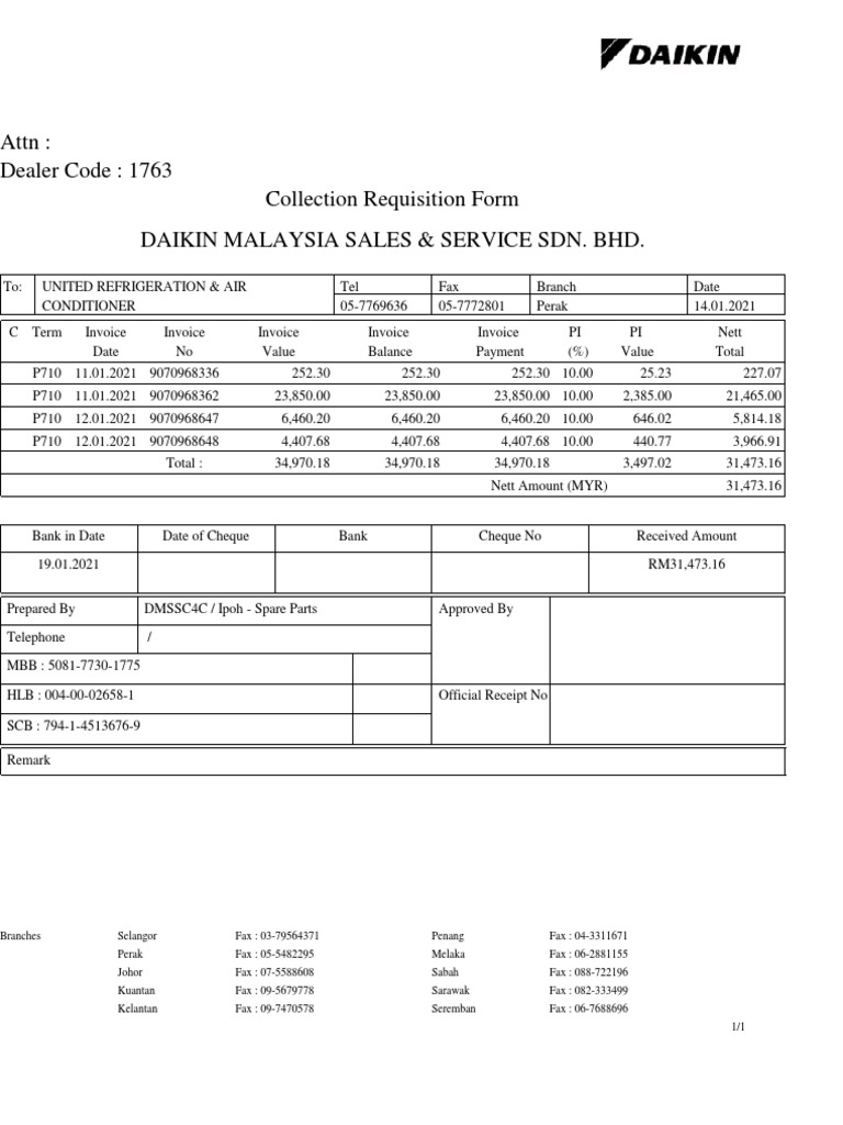 Collection Requisition Form from United Refrigeration & Air Conditioner ...