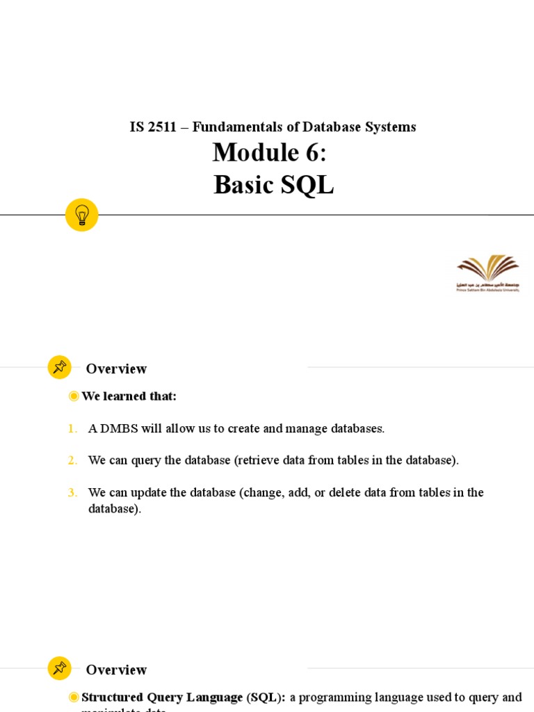 IS2511 - Module - 6-Basic SQL | PDF | Sql | Databases