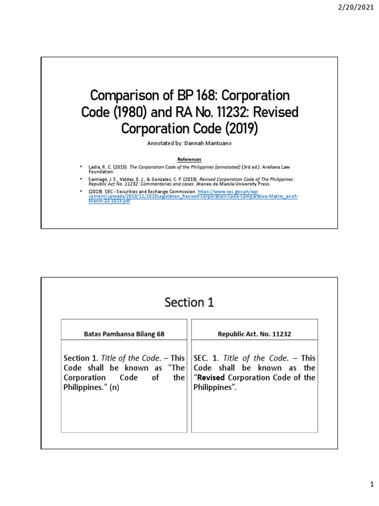 Comparison of Corporation Code and Revised Corporation Code DM ...