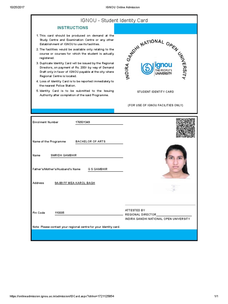 IGNOU - Student Identity Card: Instructions | PDF