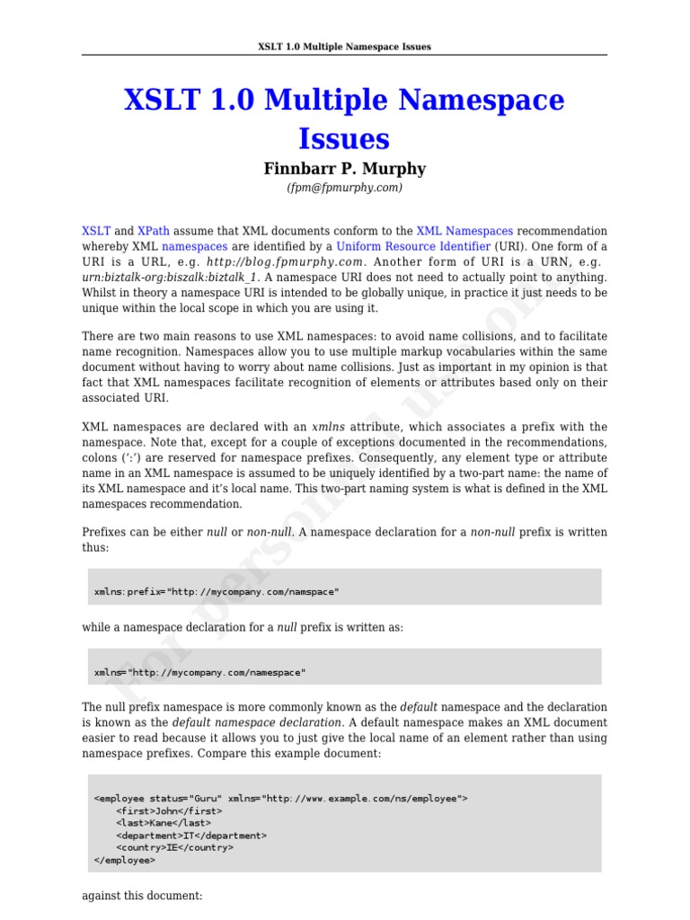 Xslt Multiple Name Spaces In Xml Documents Pdf Xslt Namespace