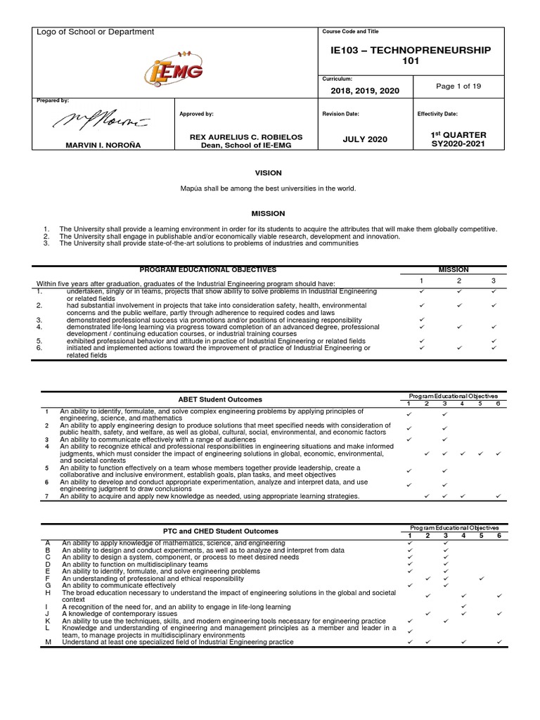 Syllabus - IE103 - Technopreneurship 101 | PDF | Engineering | Experiment