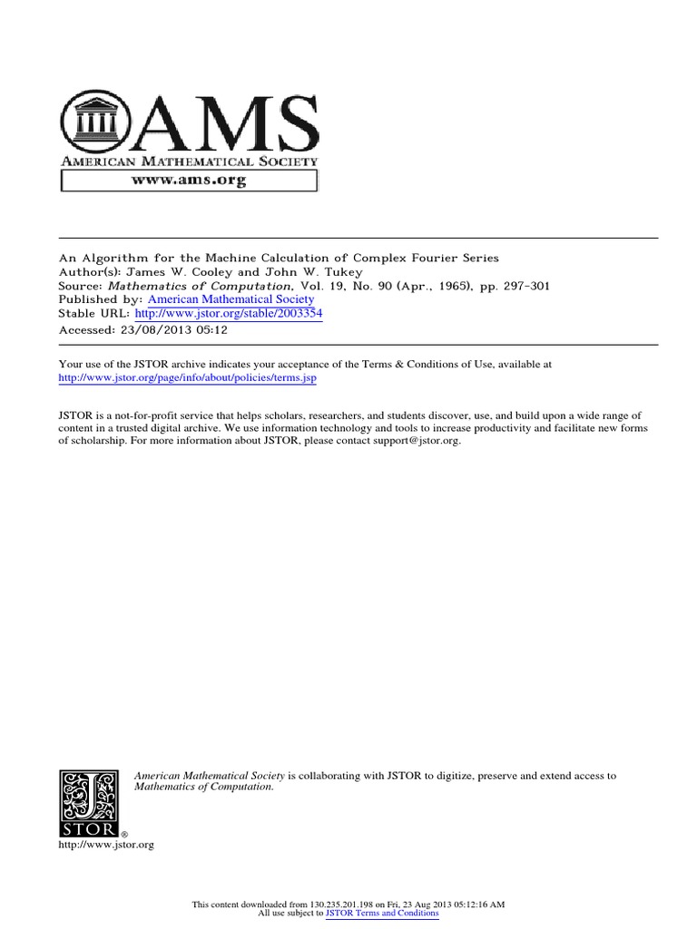 Cooley Tukey An Algorithm For The Machine Calculation of Complex Fourier Series Math of Comp ...