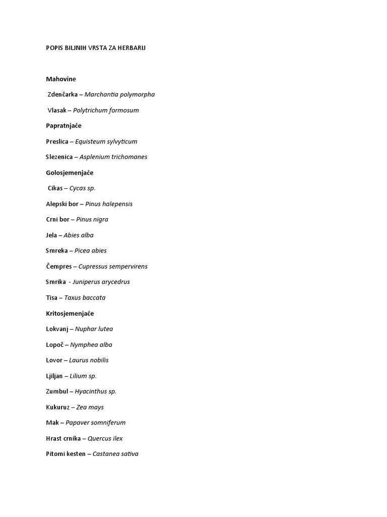 Popis Biljnih Vrsta Za Herbarij | PDF