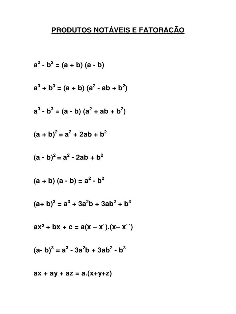 Tabela - Produtos Notáveis e Fatoração | PDF