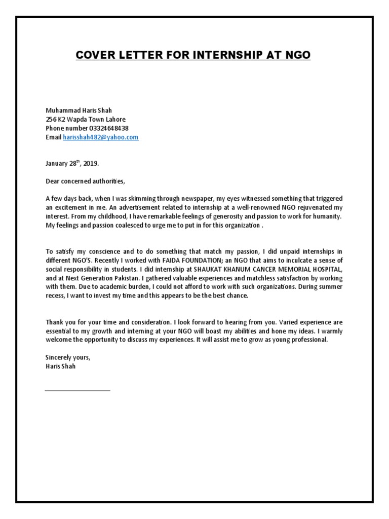 Cover Letter For Internship at Ngo | PDF
