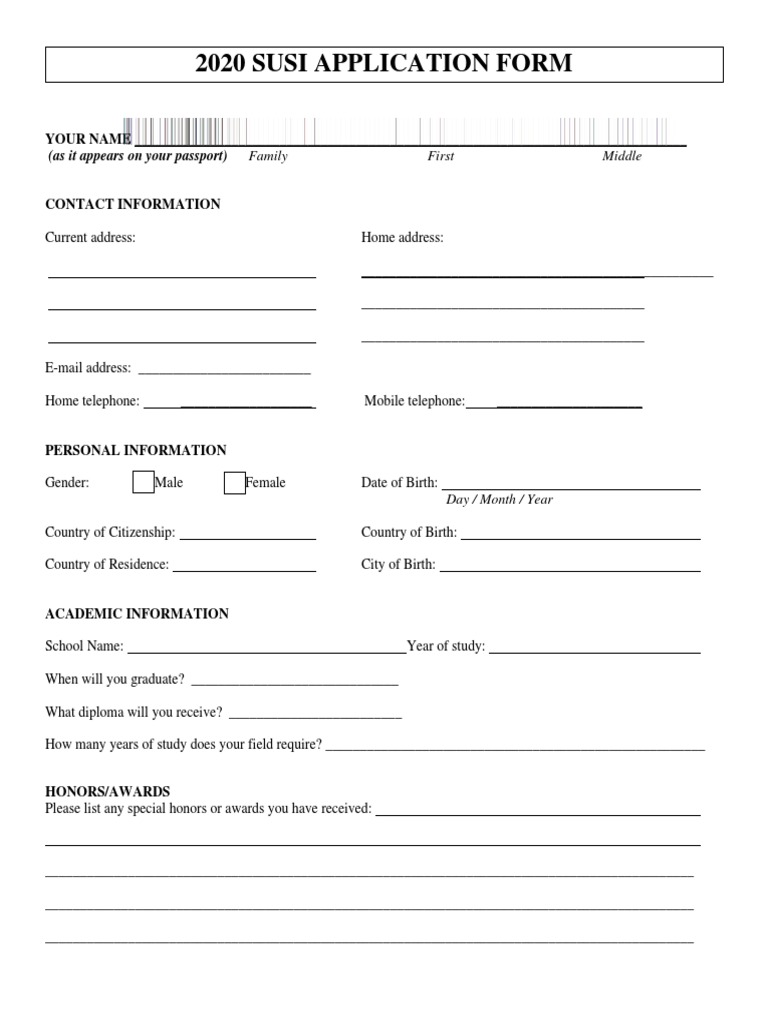 2020 Susi Application Form: (As It Appears On Your Passport) | PDF ...