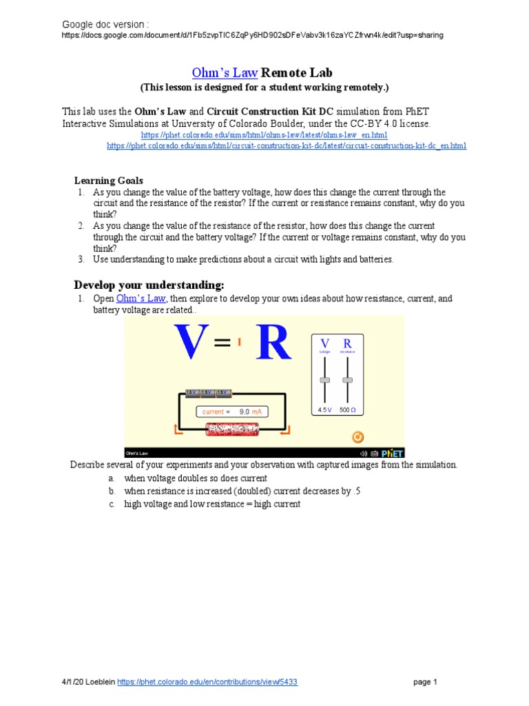 Ohms Law Remote Lab | PDF | Electrical Network | Electrical Resistance ...