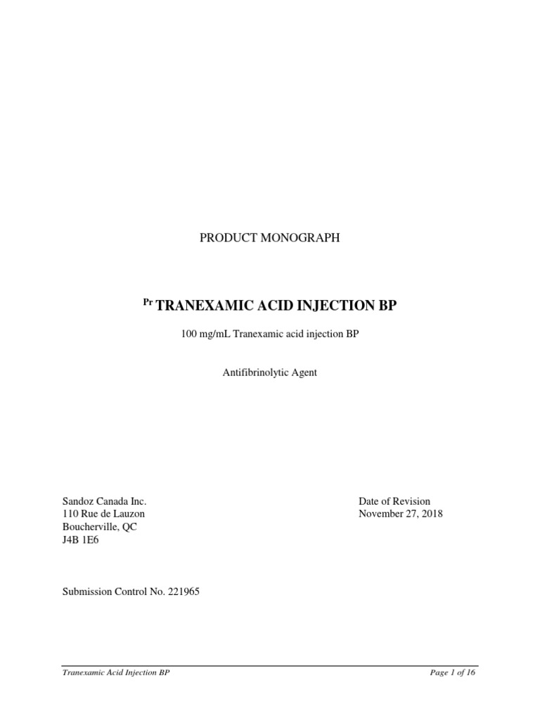 Tranexamic Acid Product Monograph - 0 | PDF | Thrombosis | Intravenous ...