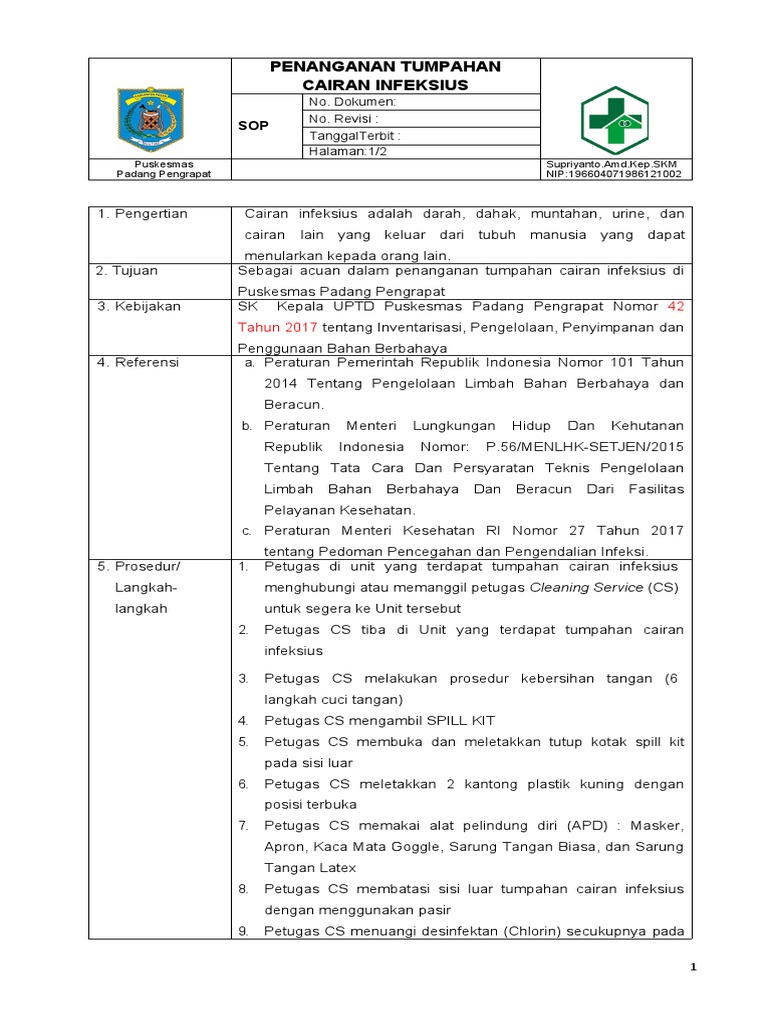 Sop Penanganan Tumpahan Cairan Infeksius | PDF