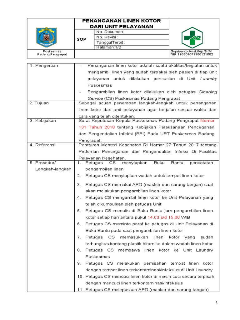 Sop Penanganan Linen Kotor Dari Unit Pelayanan | PDF