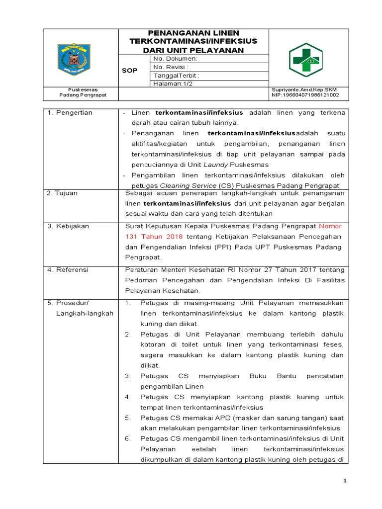 Sop Penanganan Linen Terkontaminasi Infeksius Dari Unit Pelayanan | PDF