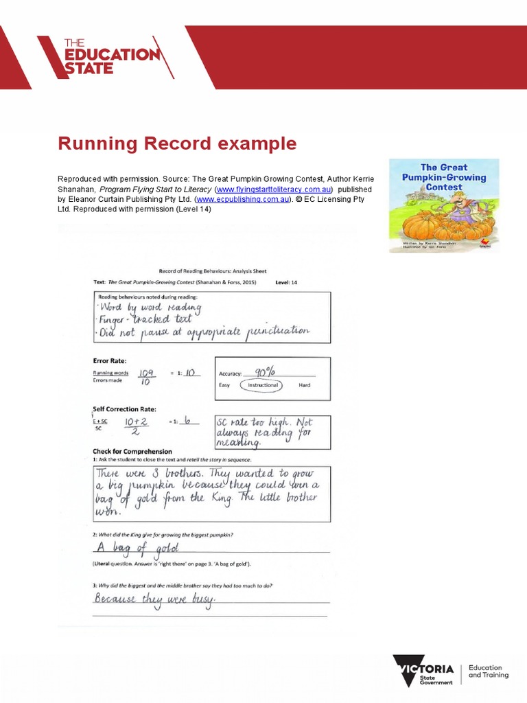 Running Record Example for Literacy | PDF | Wellness