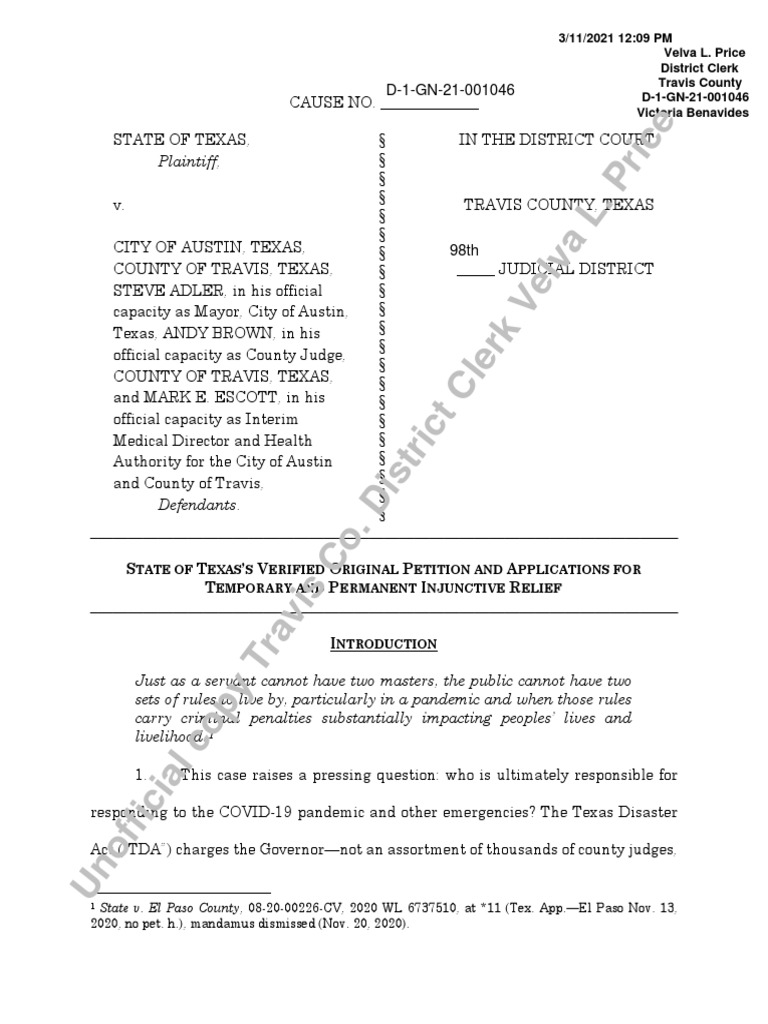 SoT Original Petition | PDF | Federal Preemption | Injunction