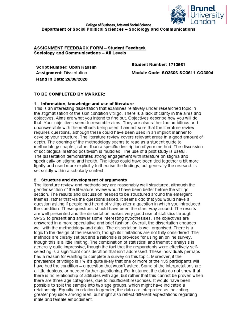 Dissertation Feedback Marksheet | PDF | Survey Methodology | Sociology