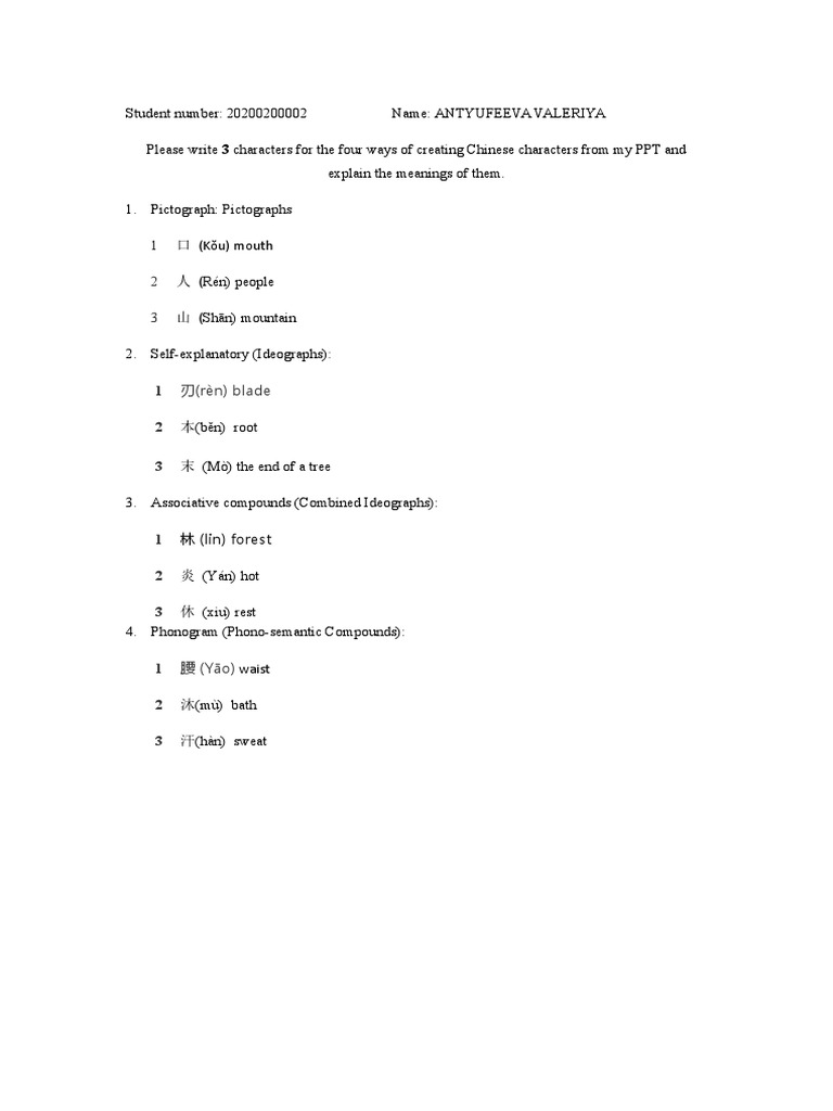Homework For Chinese Character (ANTYUFEEVA VALERIYA) | PDF
