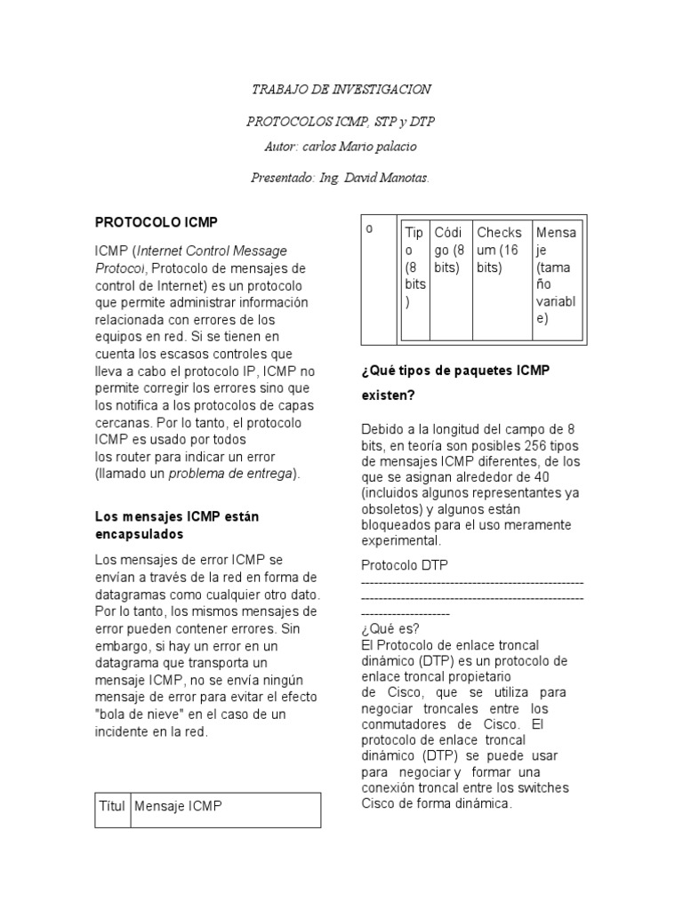 Protocolo STP, Icmp y DTP | PDF | Transmisión de datos | Protocolos de comunicaciones