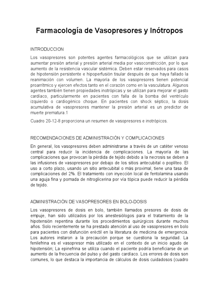 Farmacología de Vasopresores y Inótropos TRADUCIDO | PDF ...