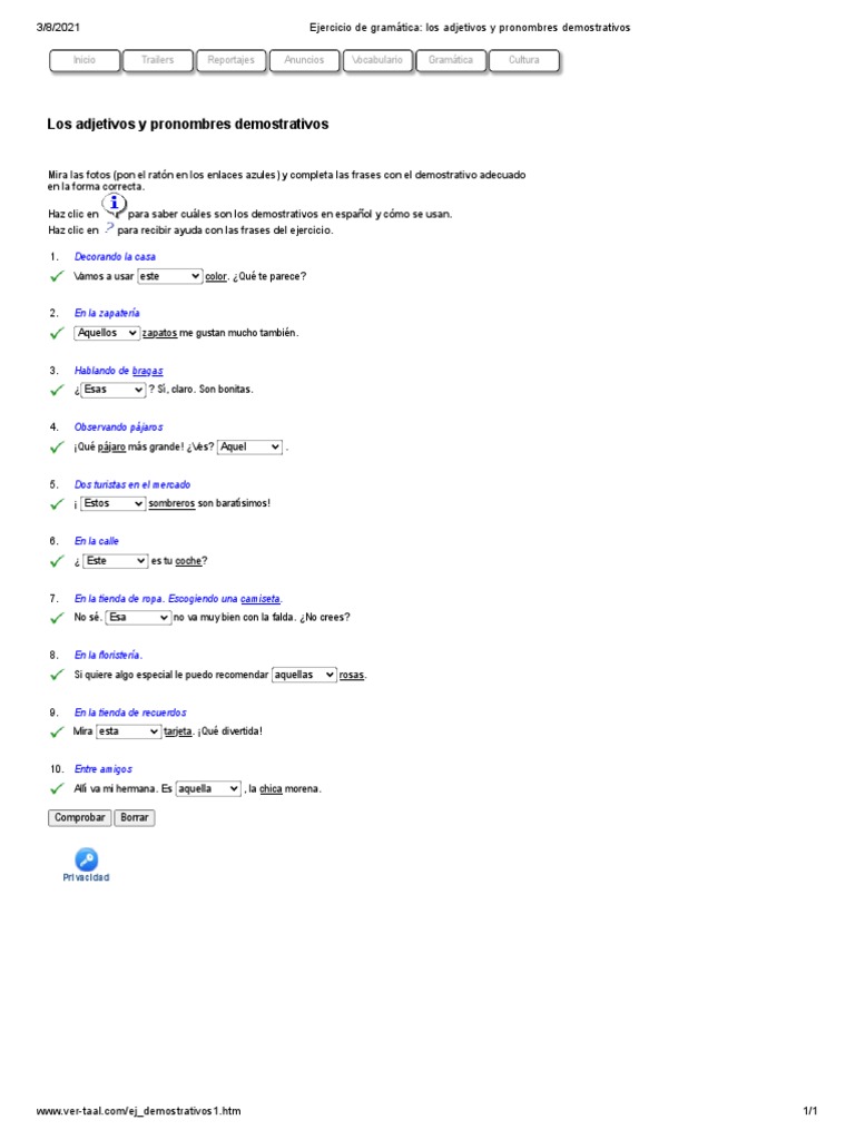 Ejercicio de Gramatica Los Adjetivos y Pronombres Demostrativos | PDF ...