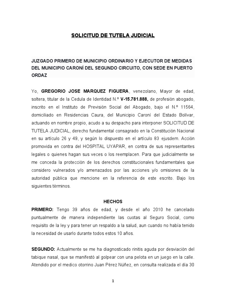 Instrumento Juridico, Solicitud de Tutela Judicial | PDF | Derecho Constitucional | Hospital