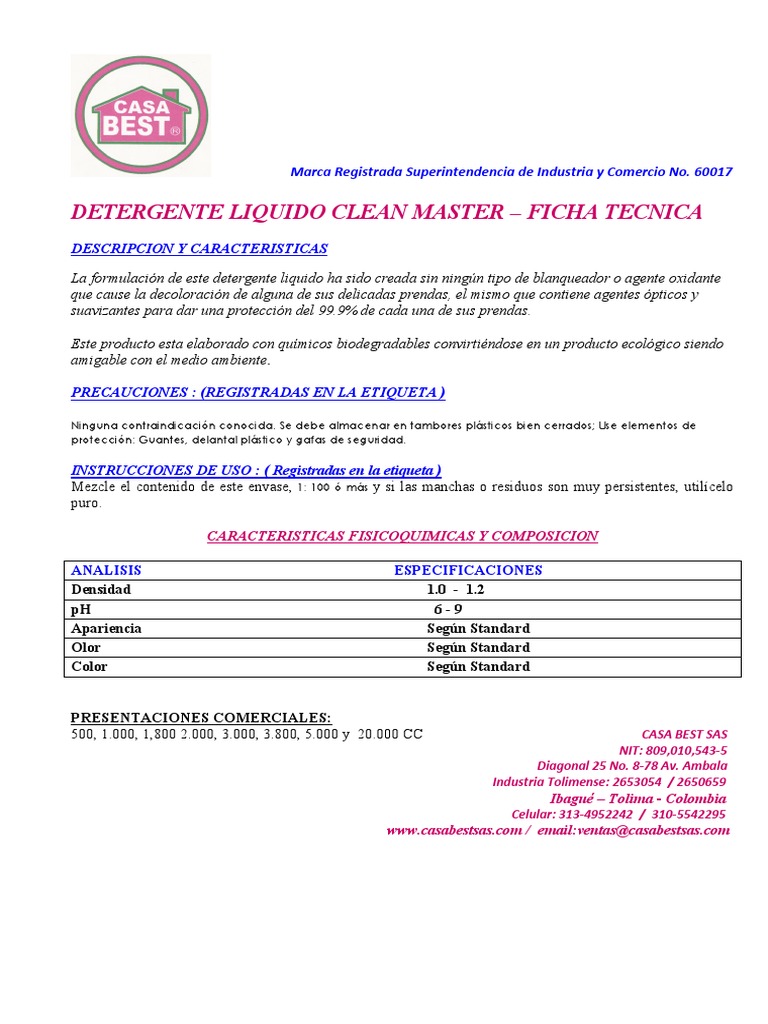 Detergente Líquido Clean Master: Ficha Técnica | PDF