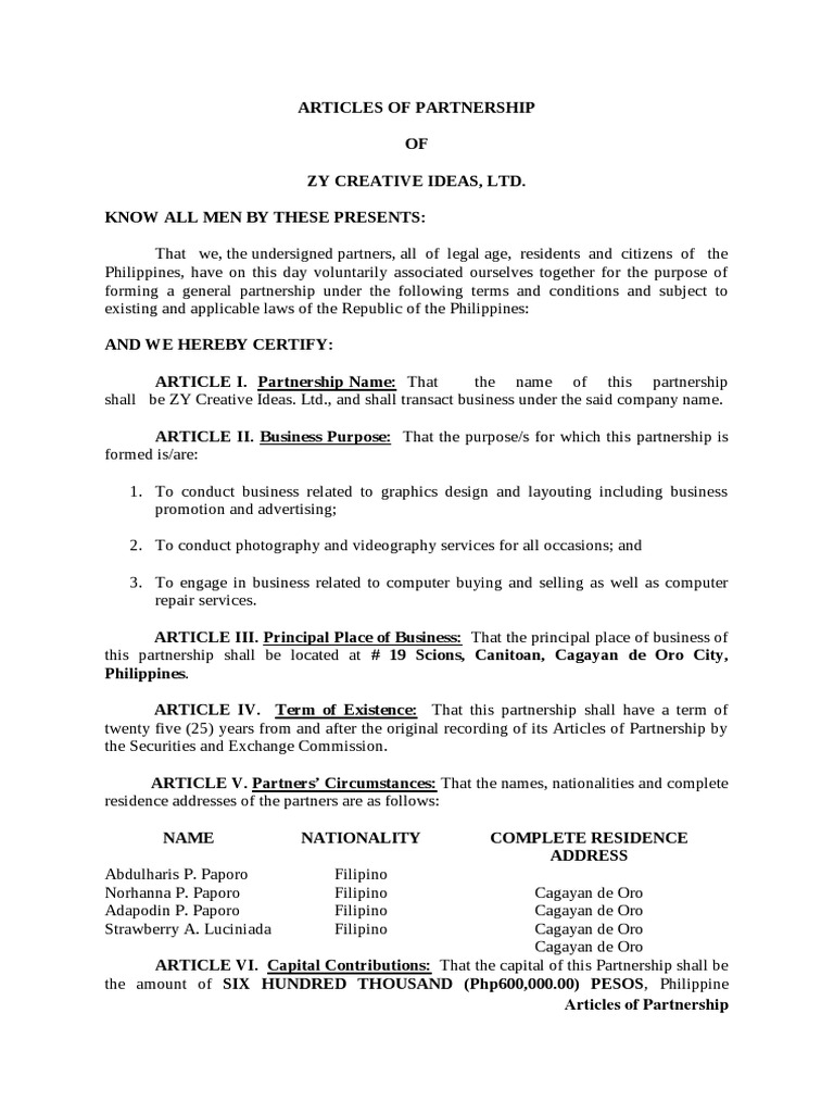Sample Articles of Partnership | PDF | Partnership | Philippines