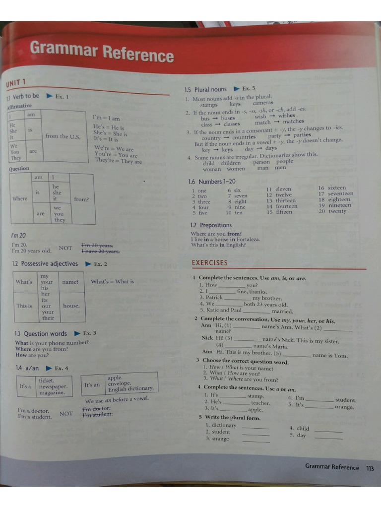 American Headway 1 - Unit 1 - Grammar Reference | PDF