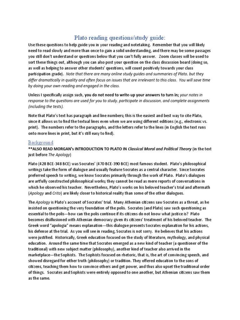 Plato Reading Questions/study Guide:: Background | PDF | Apology (Plato ...