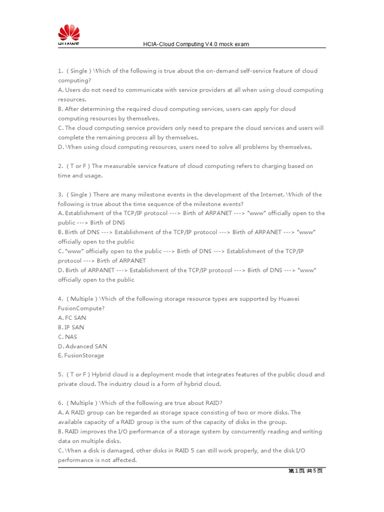 HCIA-Cloud Computing V4.0 Mock Exam | PDF | Virtual Machine | Virtualization