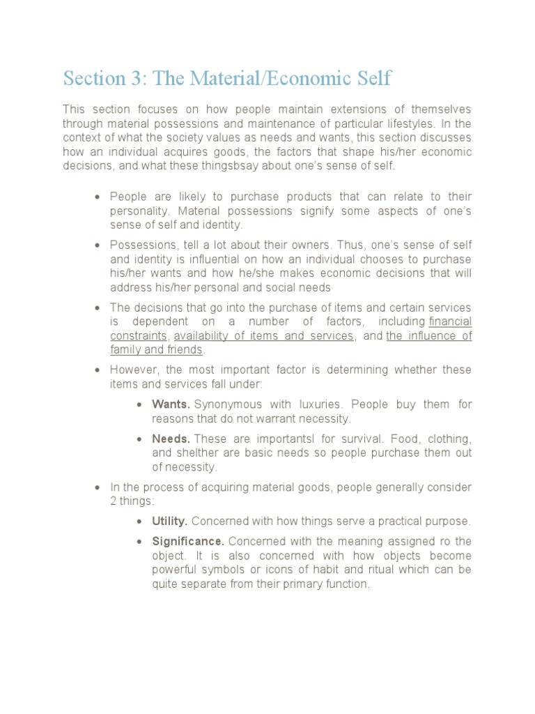 Section 3: The Material/Economic Self | PDF | Spirituality | Self