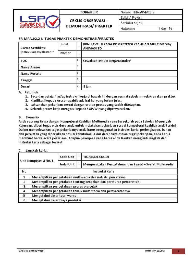 Soal Observasi Demonstrasi Klaster Animasi (MM1) | PDF