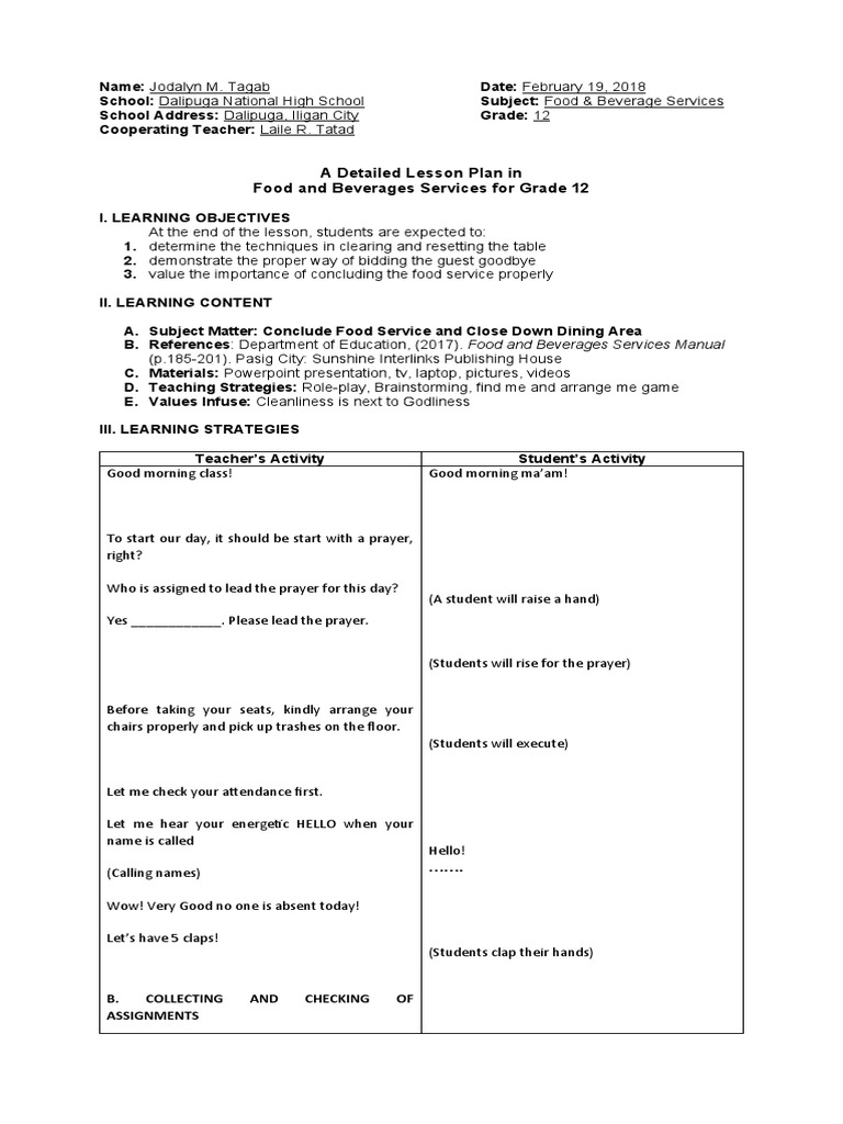 A Detailed Lesson Plan in Food and Beverages Services For Grade 12 ...