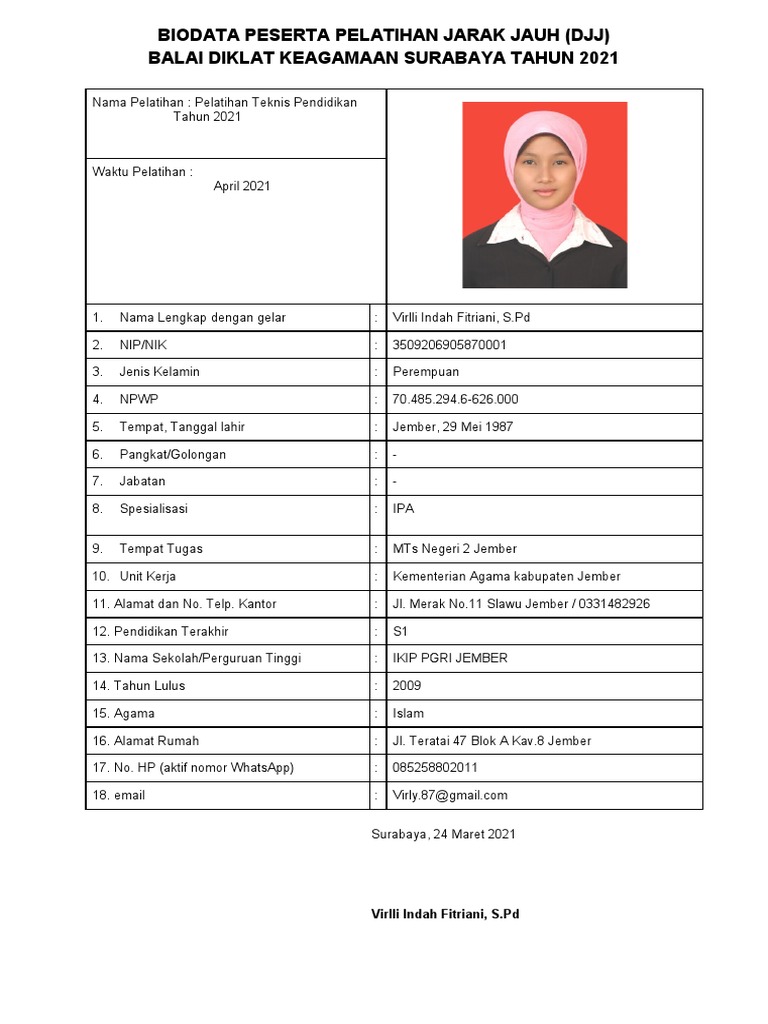 Biodata Peserta Pelatihan 2021 | PDF