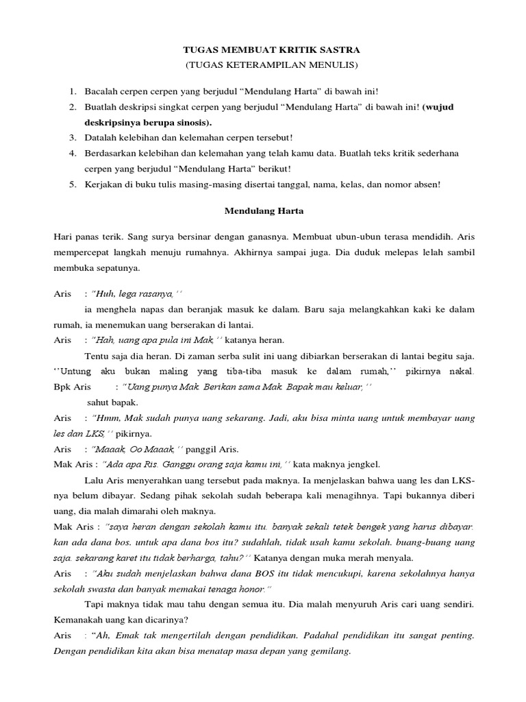 Tugas Mengkritik Cerpen Kelas Xii | PDF