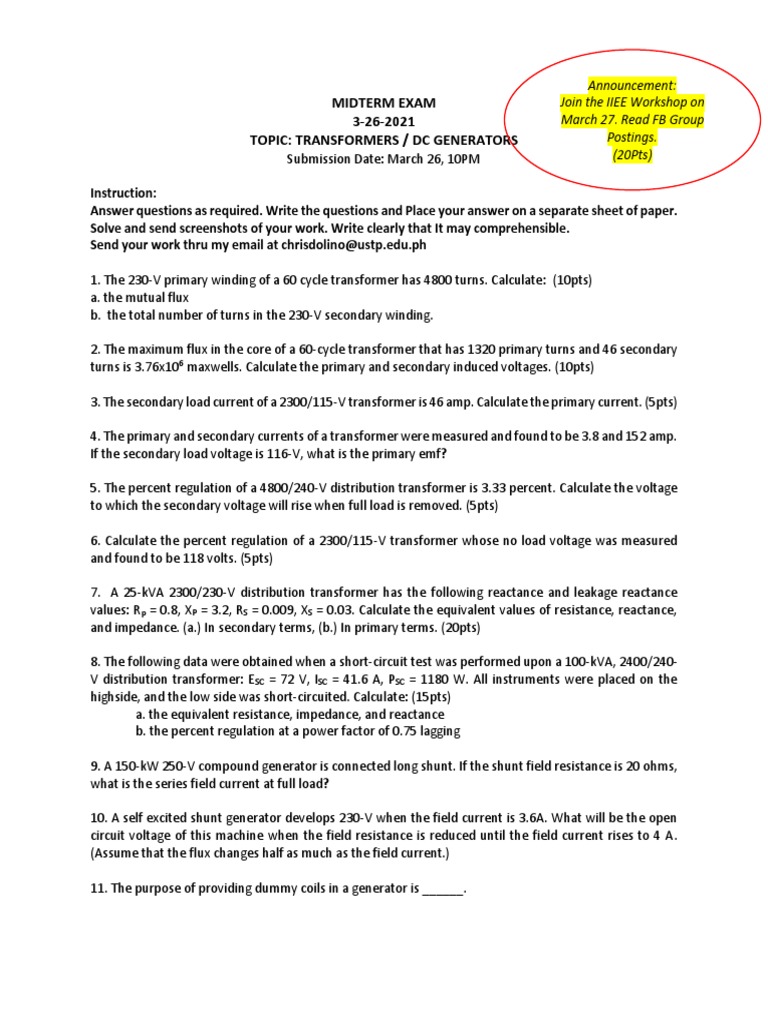 Midterm Exam Questionaire | PDF | Transformer | Electric Generator