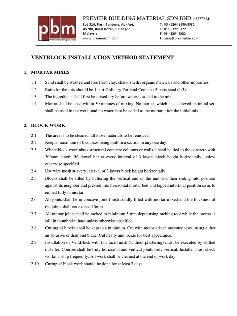Vent Block Method Statement | PDF | Mortar (Masonry) | Concrete