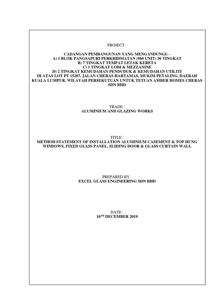 Aluminium Work Method Statement | PDF | Wall | Door