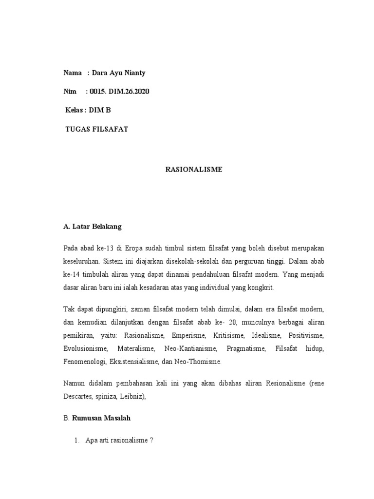 Rasionalisme Tugas Filsafat | PDF | Filsafat