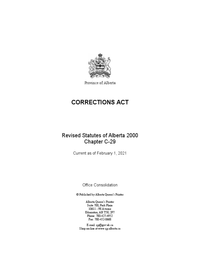 Corrections Act: Revised Statutes of Alberta 2000 Chapter C-29 | PDF ...