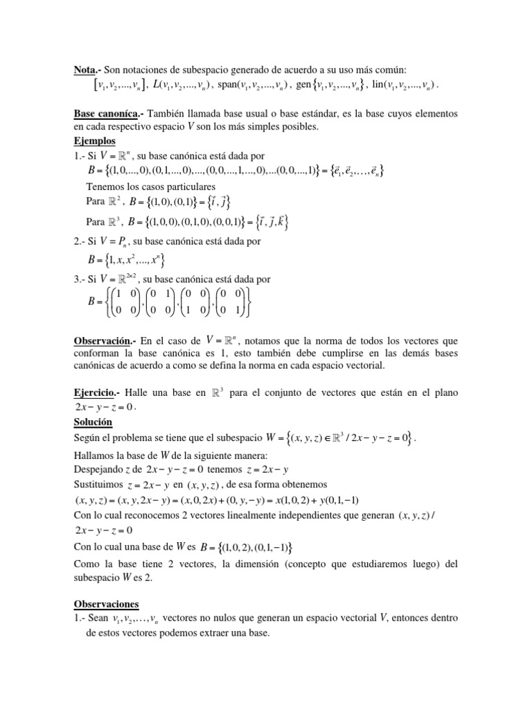 Bases y Dimensión Algebra Lineal | PDF | Base (álgebra lineal ...