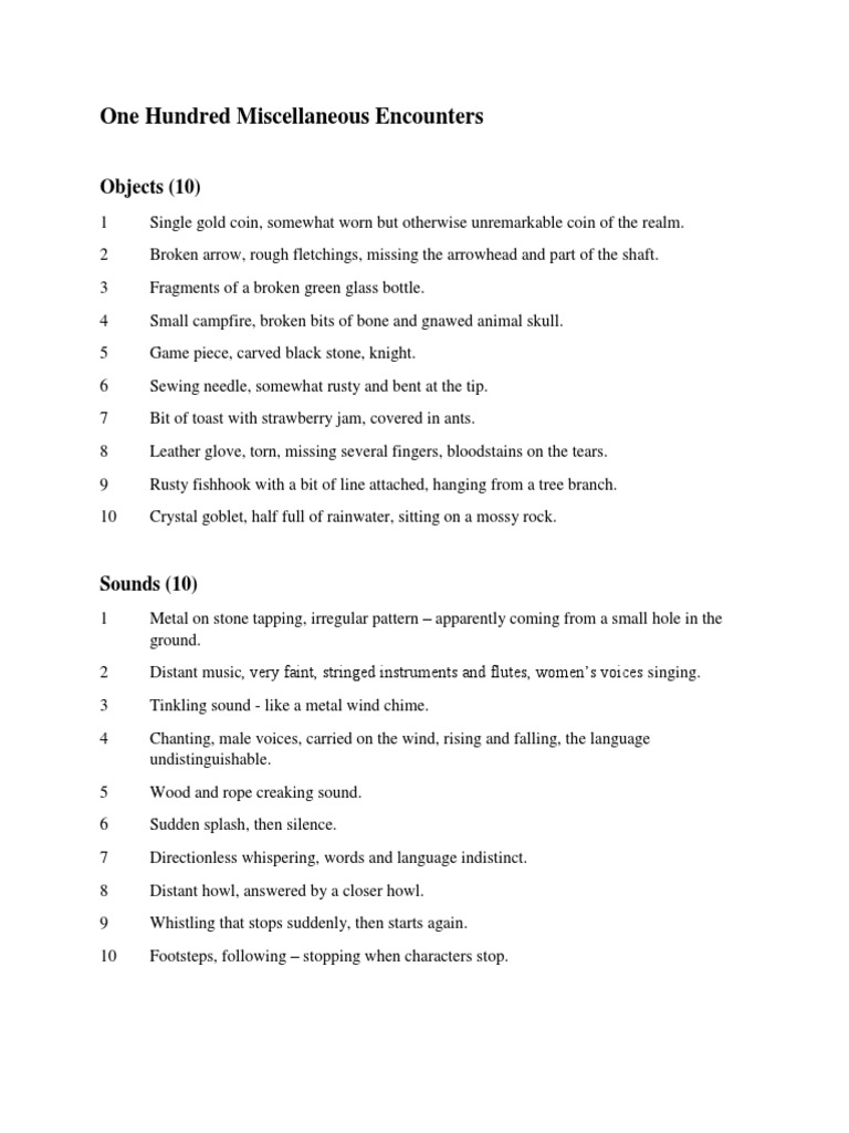 One Hundred Miscellaneous Encounters: Objects | PDF | Weaponry | Nature