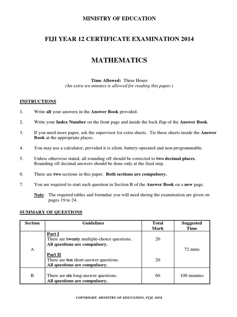 14 Year 12 Mathematics QP | PDF | Multiple Choice | Area